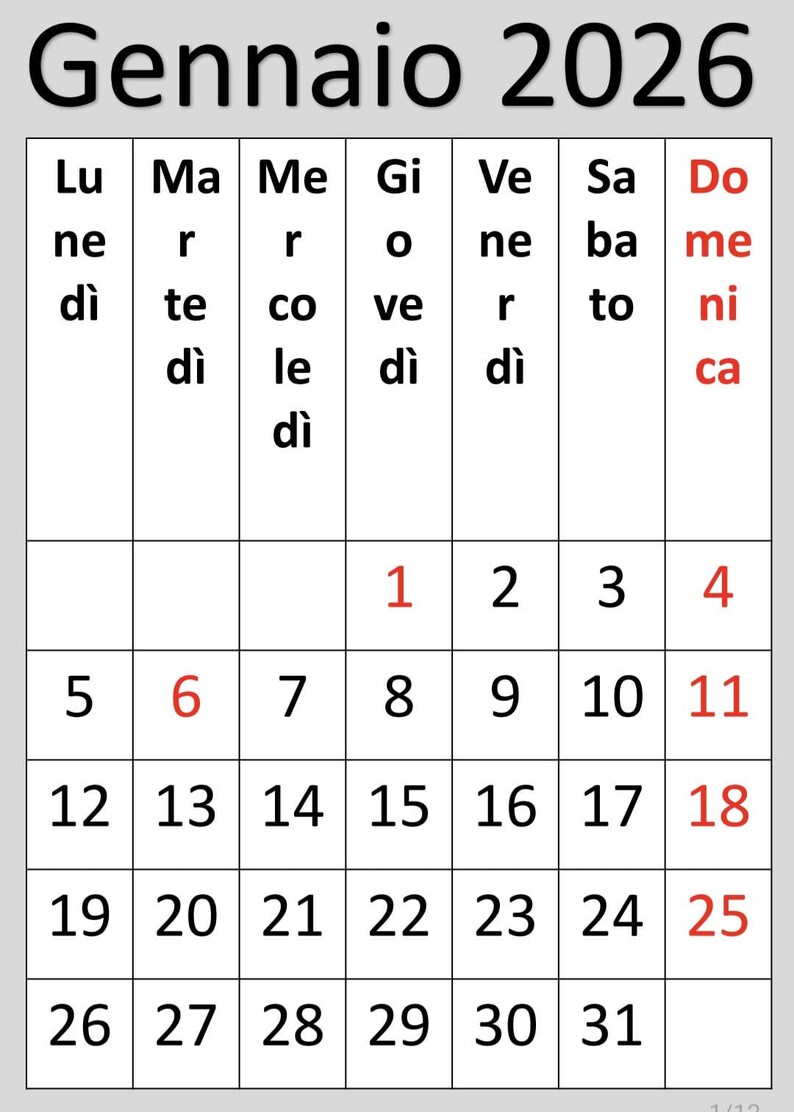 2026 Calendar, in Italian, A4 Format - Etsy