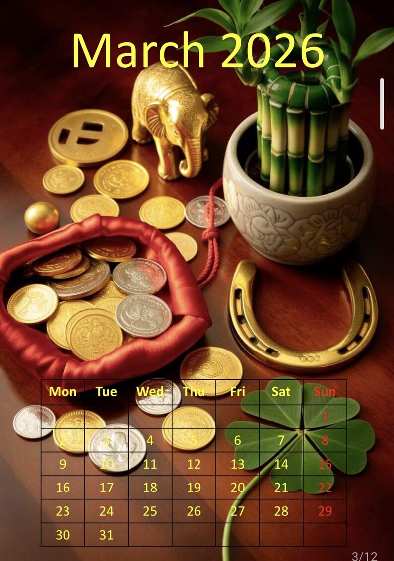 Printable 2026 Calendar in A4 Format for Luck and Prosperity - Etsy