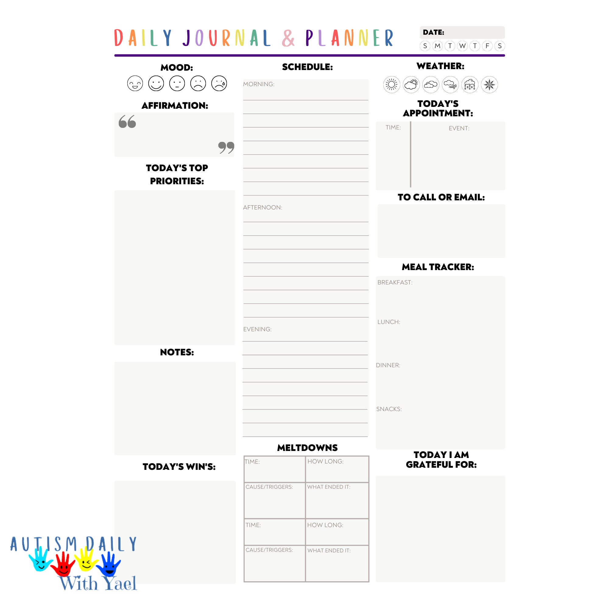 Printable Daily Planner and Journal for Autism ASD ADHD Families ...
