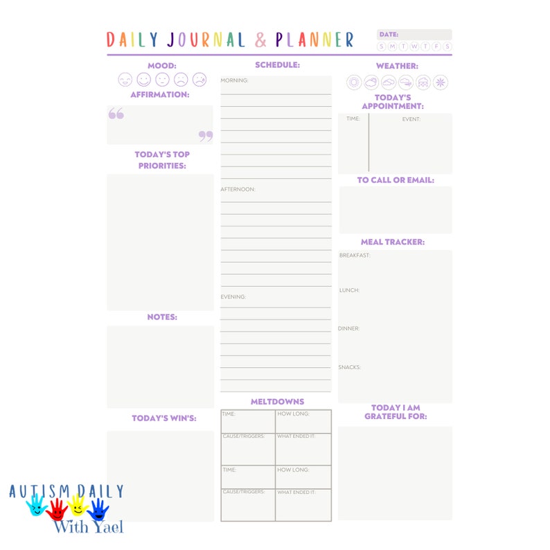 Printable Daily Planner and Journal for Autism ASD ADHD Families ...
