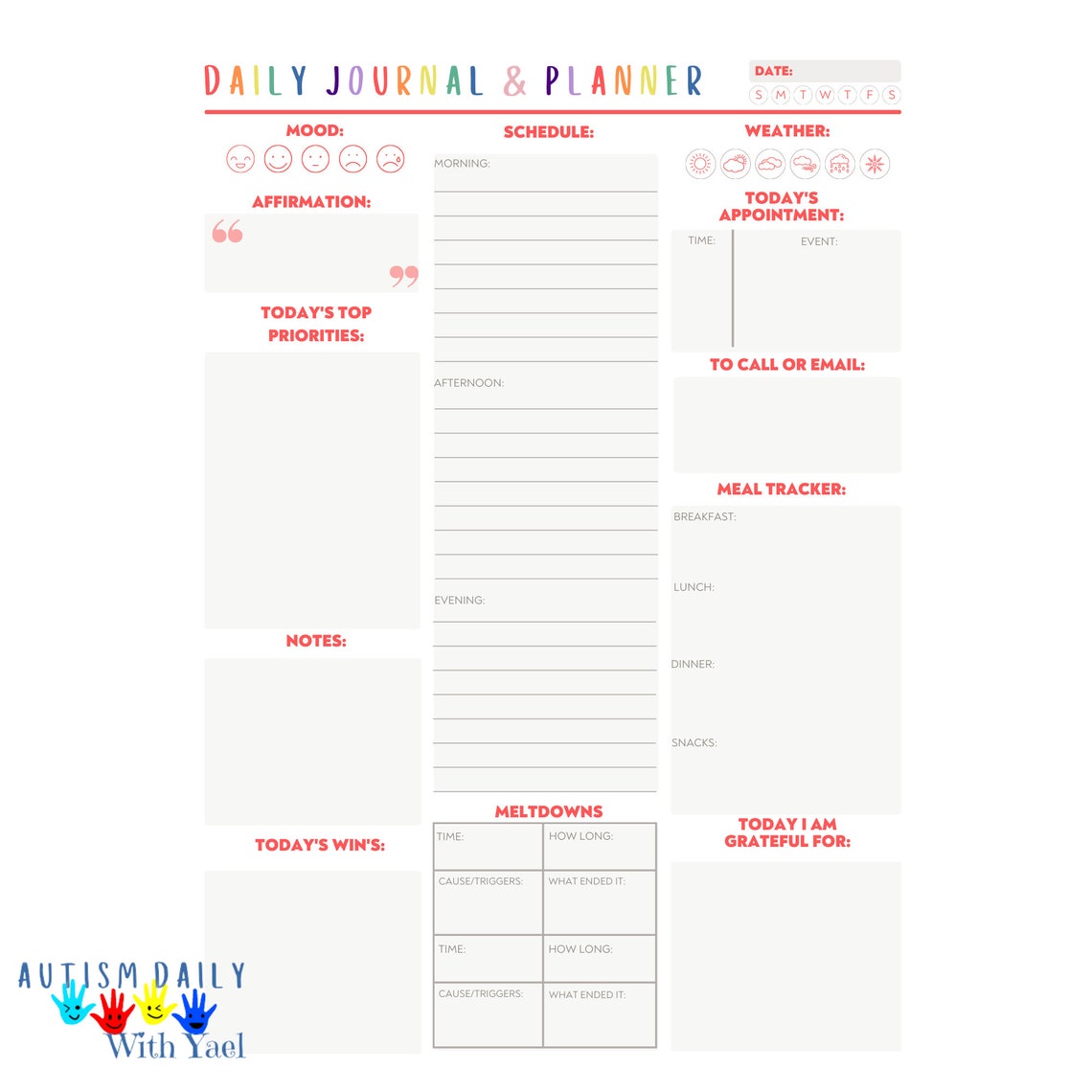 Printable Daily Planner and Journal for Autism ASD ADHD Families ...