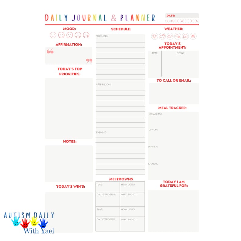 Printable Daily Planner and Journal for Autism ASD ADHD Families ...