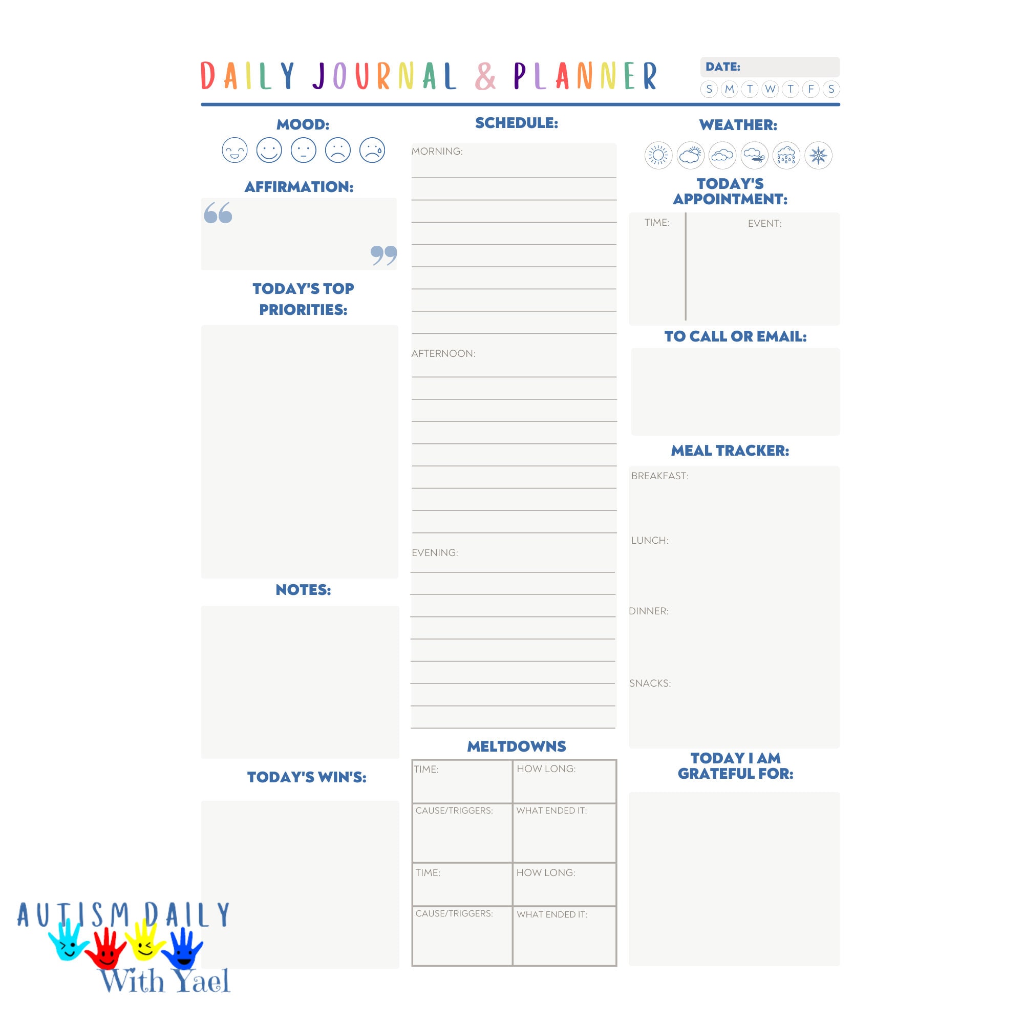 Printable Daily Planner and Journal for Autism ASD ADHD Families ...