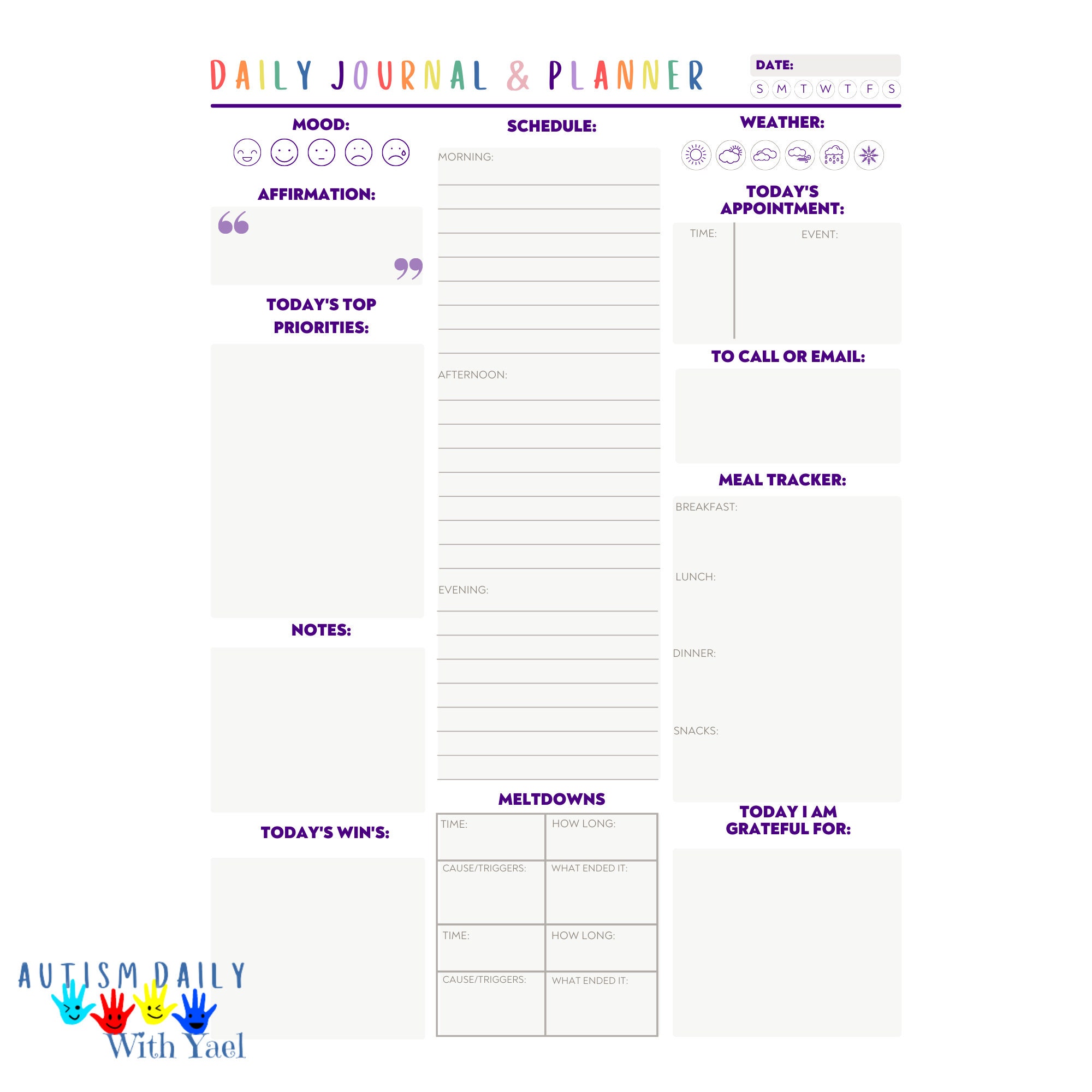 Printable Daily Planner and Journal for Autism ASD ADHD Families ...
