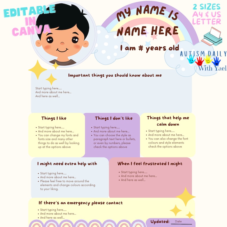 All About Me Special Needs Profile Printable, One Page Profile, Autism ...