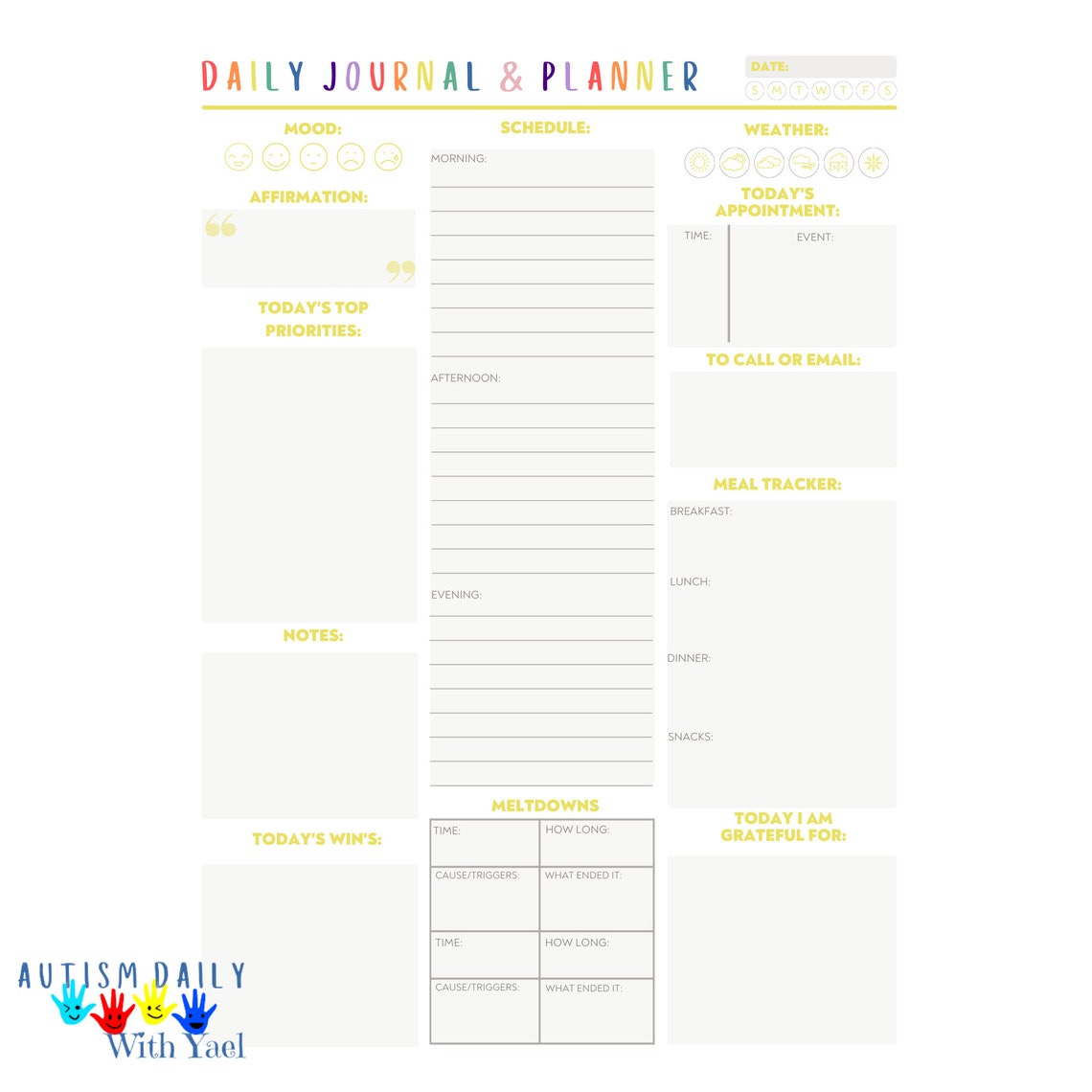Printable Daily Planner and Journal for Autism ASD ADHD Families ...