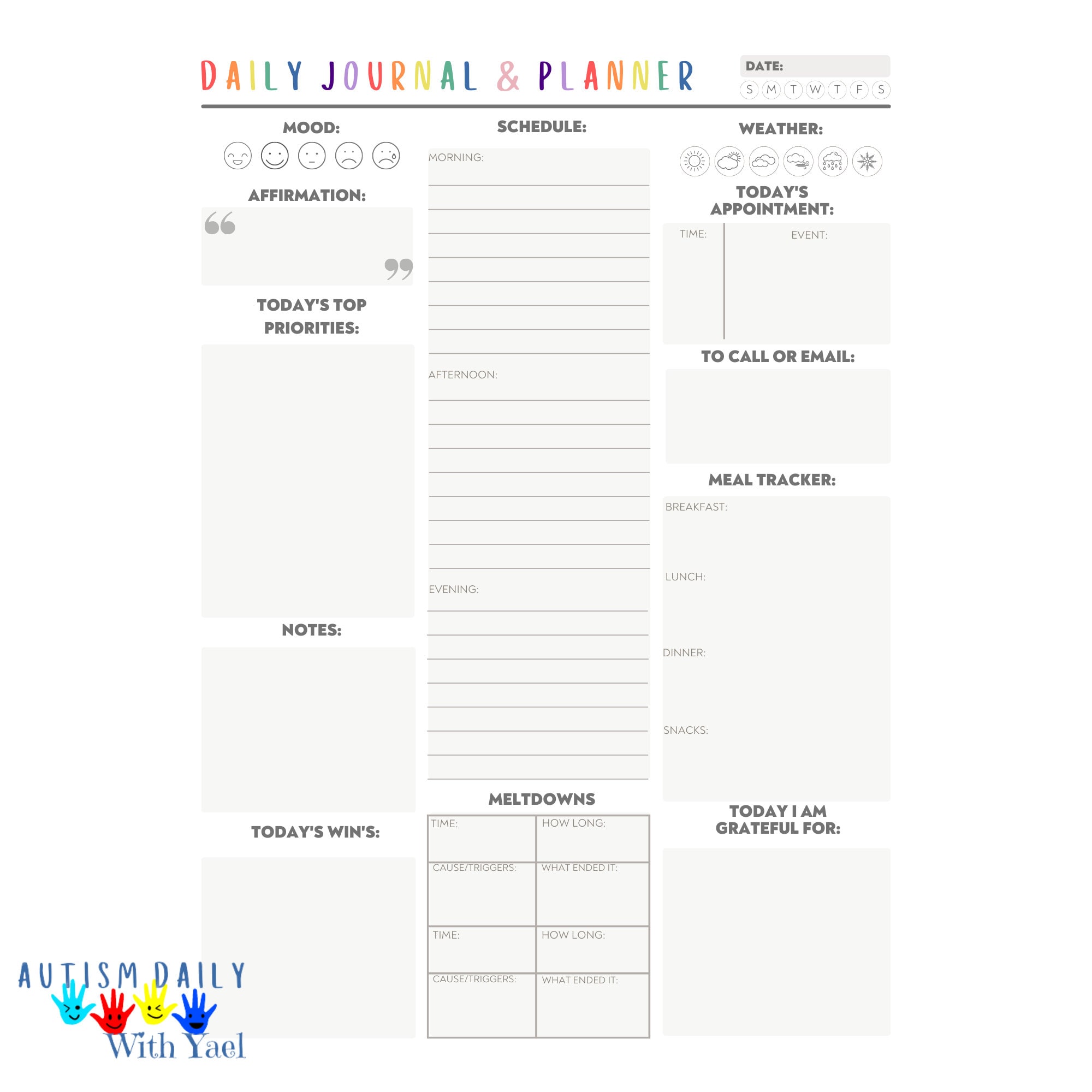 Printable Daily Planner and Journal for Autism ASD ADHD Families ...