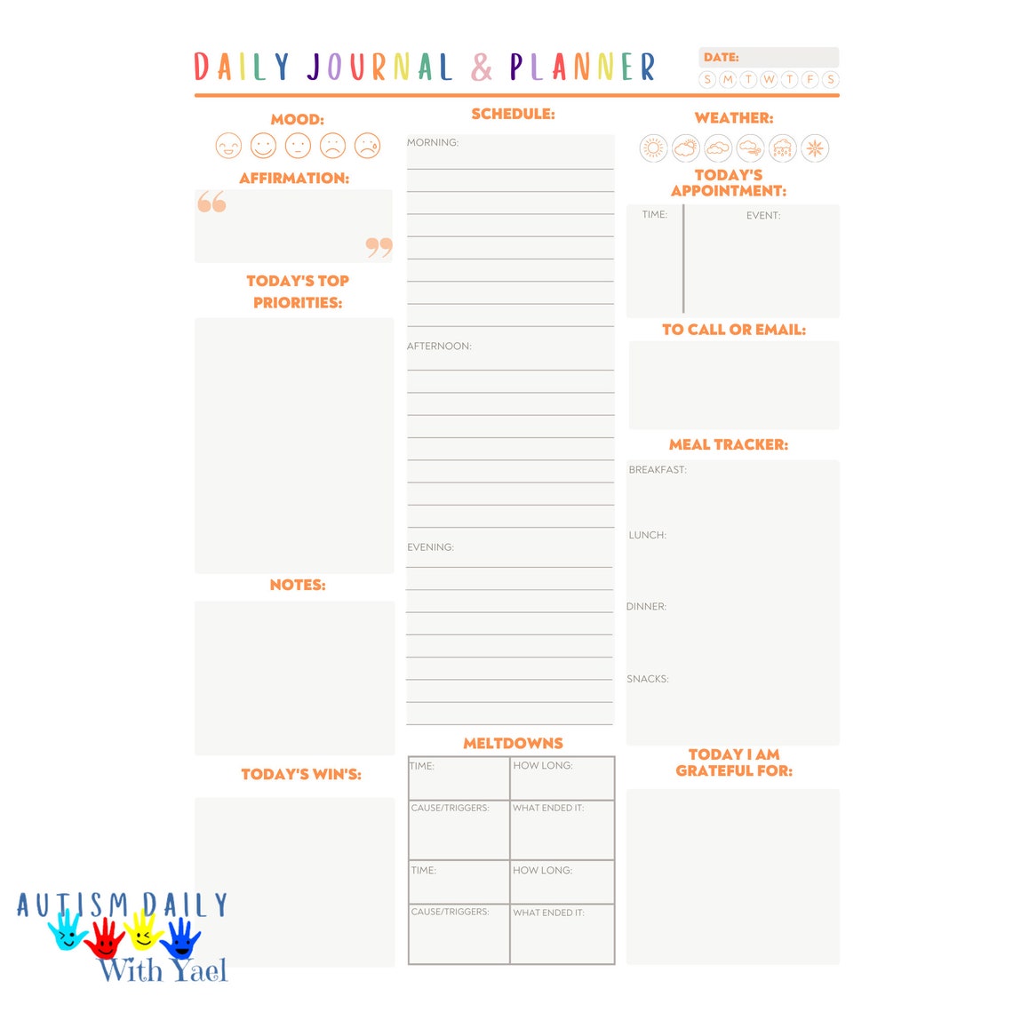 Printable Daily Planner and Journal for Autism ASD ADHD Families ...