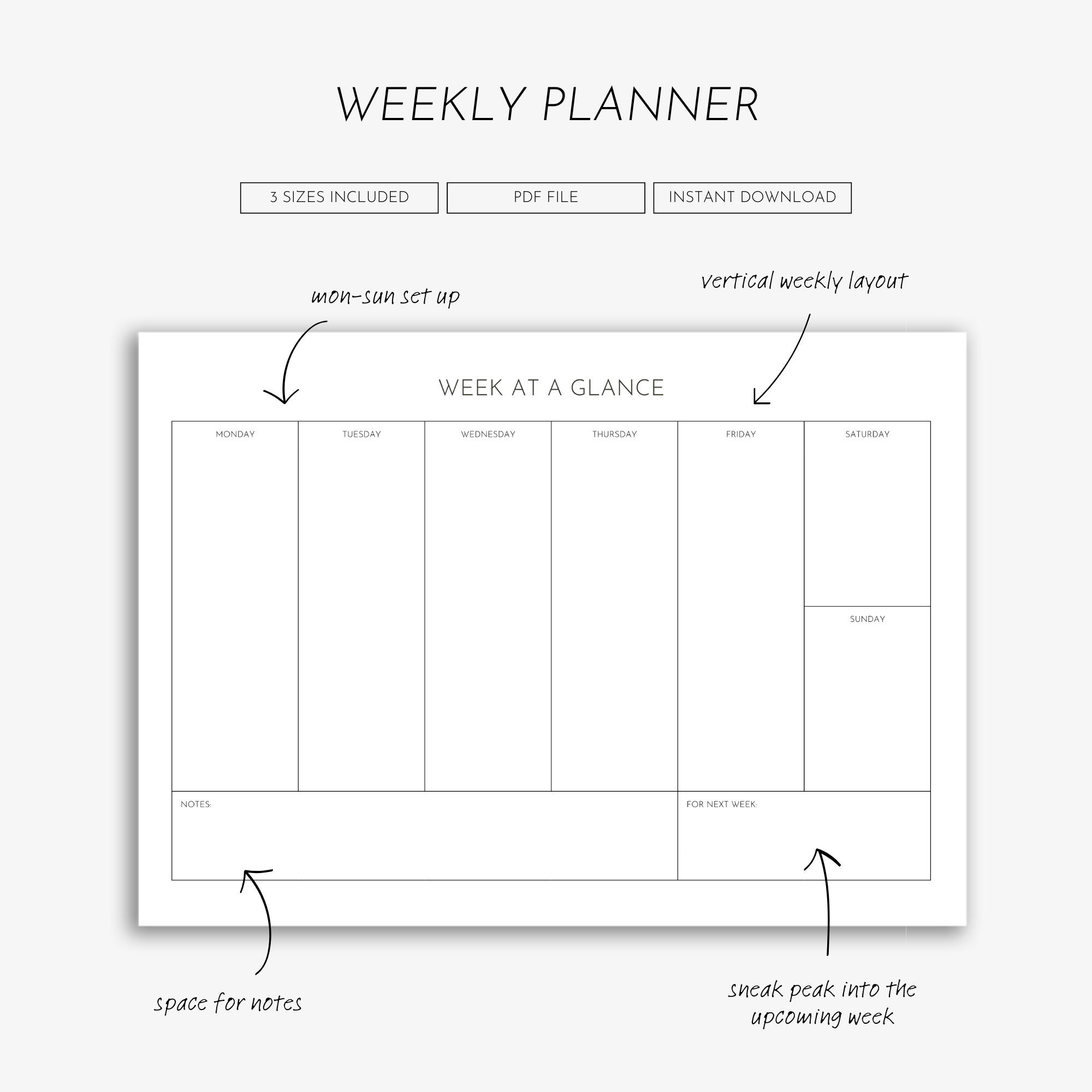 Weekly Planner Printable, Minimalist Schedule, Week at a Glance, PDF ...