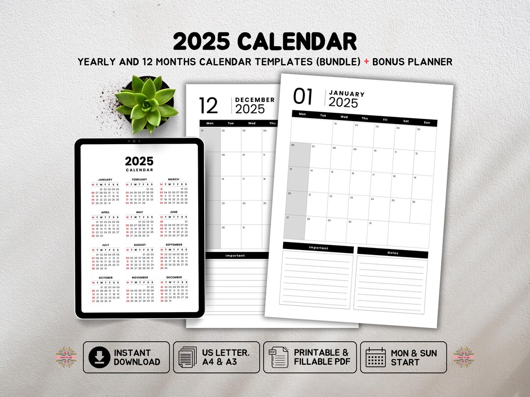 2025 Calendar, Printable Digital Fillable PDF, Organizer Schedule ...