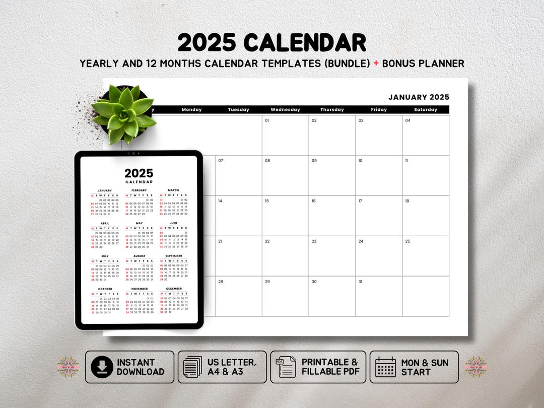 2025 Calendar, Printable Digital Fillable PDF, Organizer Schedule ...
