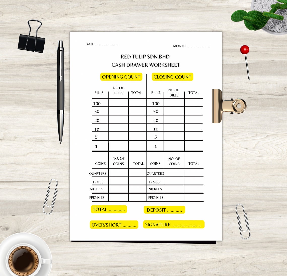 Editable Cash Drawer Worksheet/drawer Count for Business/cash Register ...