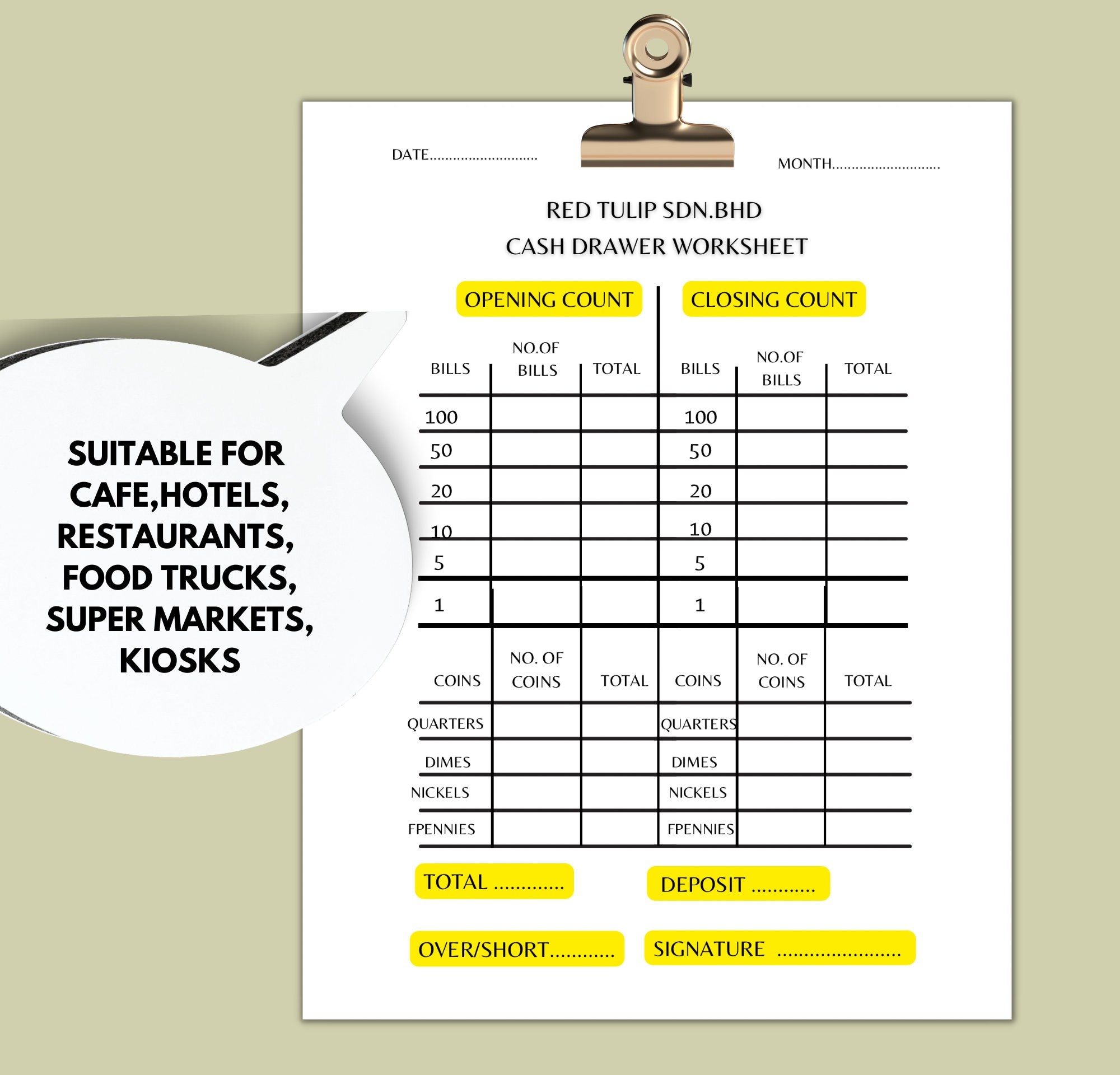 Editable Cash Drawer Worksheet/drawer Count for Business/cash Register ...
