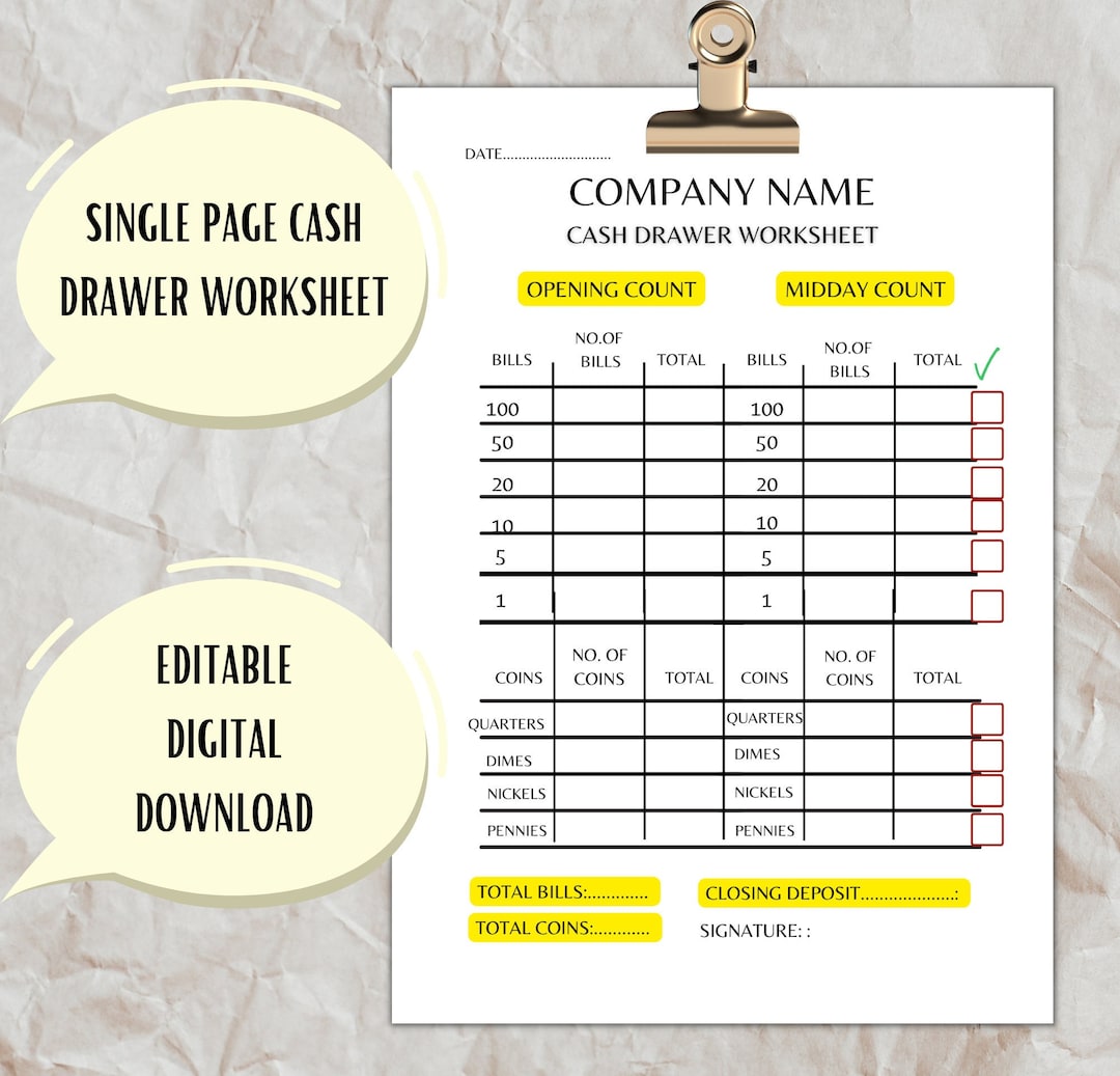 Editable Cash Drawer Worksheet/drawer Count for - Etsy