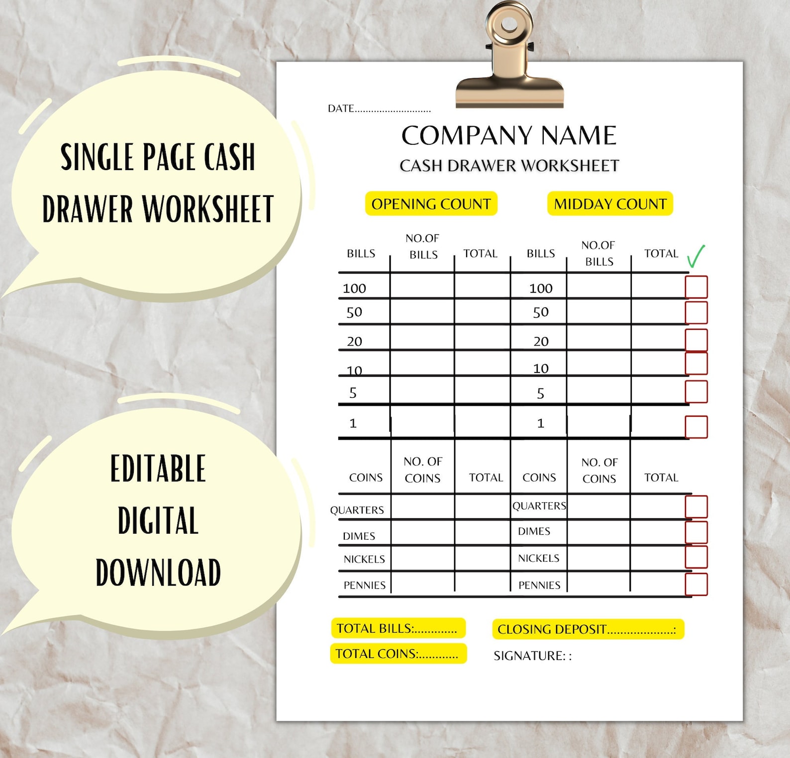Editable Cash Drawer Worksheet/drawer Count for - Etsy