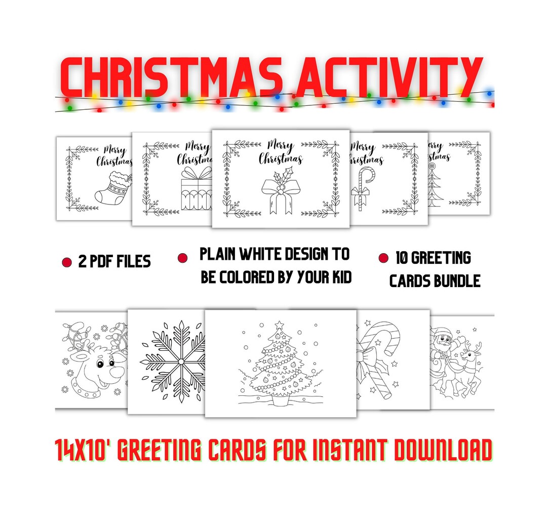 CHRISTMAS Coloring Pack of 10 Cards | Color in Cards Christmas Activity ...