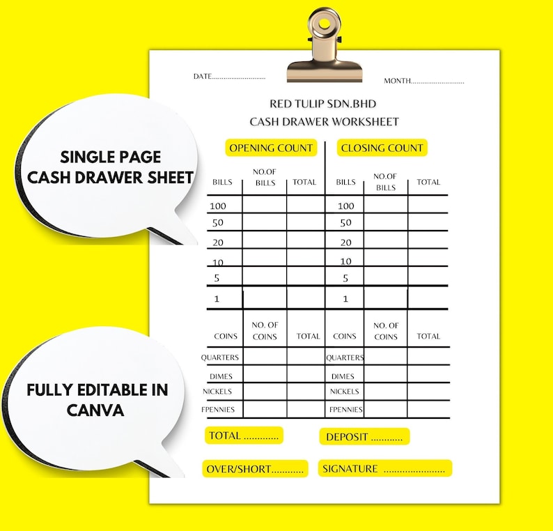 Editable Cash Drawer Worksheet/drawer Count for Business/cash Register ...