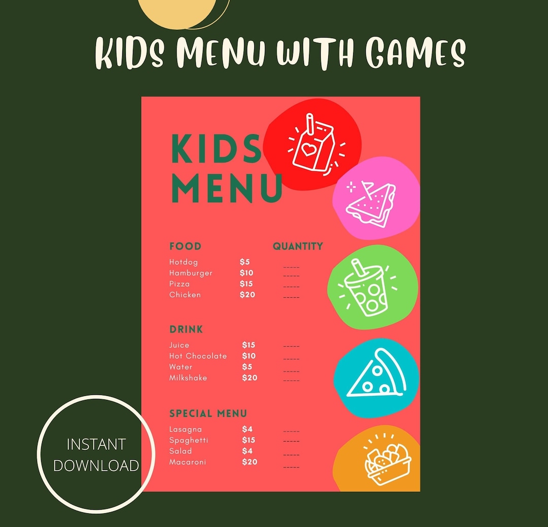 KIDS Pretend Play Menu | Games BUNDLE | Kids Restaurant Menu | Digital ...