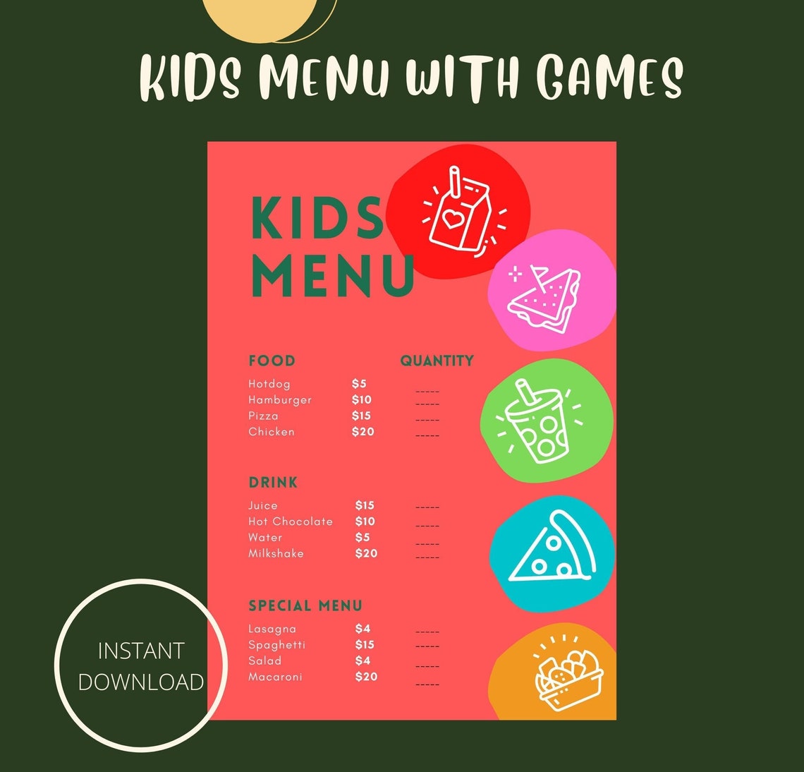 KIDS Pretend Play Menu | Games BUNDLE | Kids Restaurant Menu | Digital ...