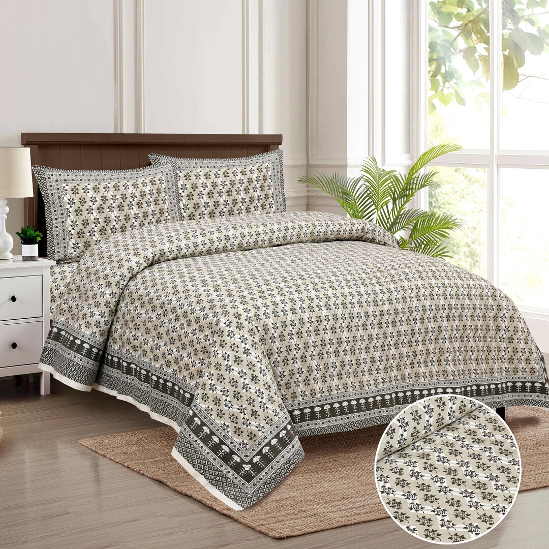 100% Cotton Indian Kalamkari Work 3 PC Bedding Set/ Super King - Etsy