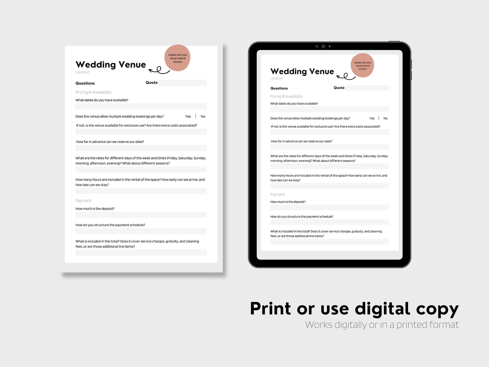 Wedding Venue Questions, Complete Digital Template Printable Editable ...