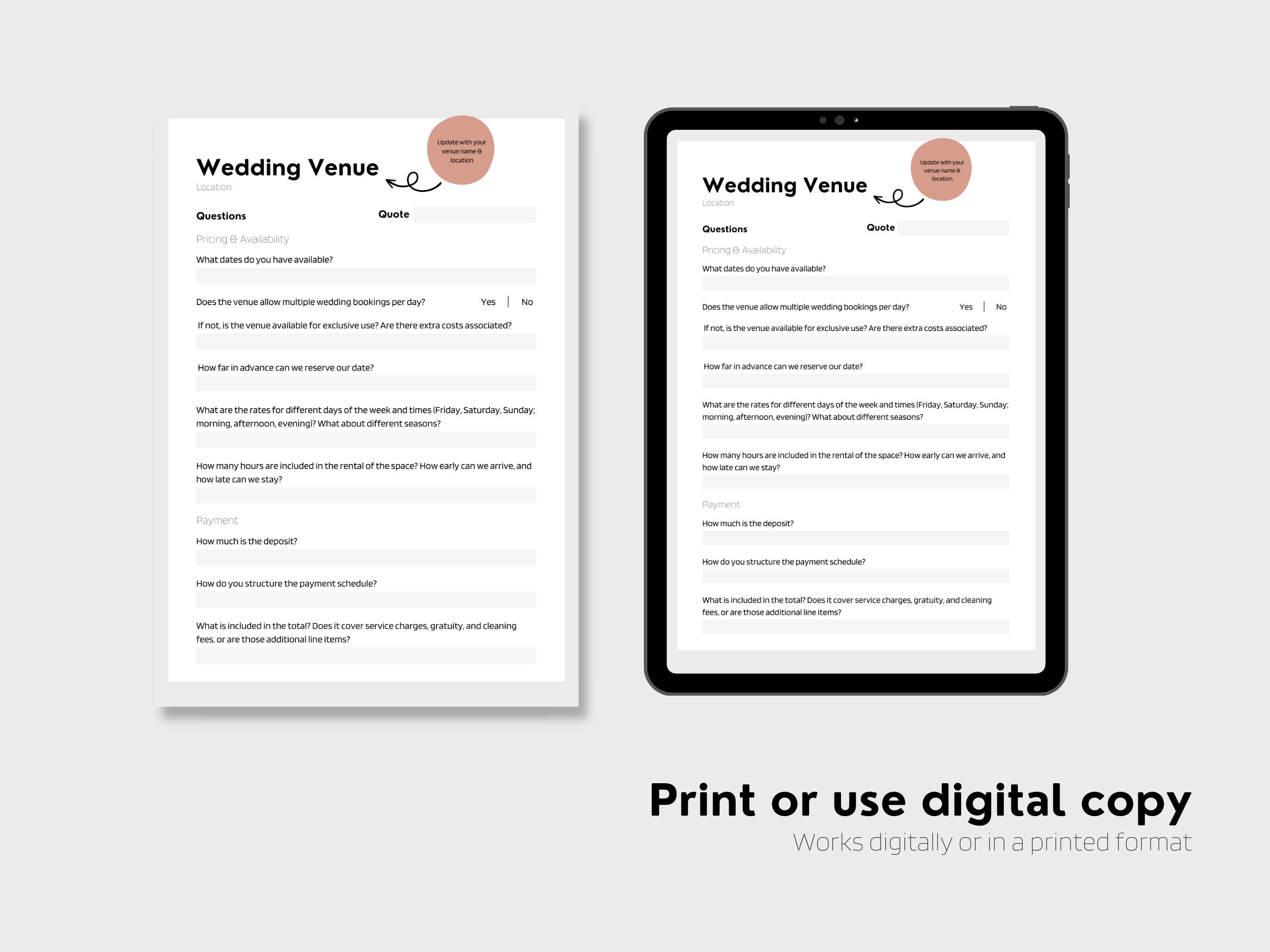 Wedding Venue Questions, Complete Digital Template Printable Editable ...