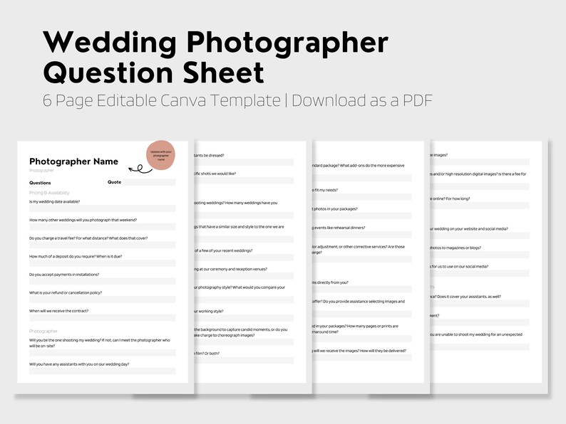 Wedding Photographer Questions, Complete Digital Template Printable ...