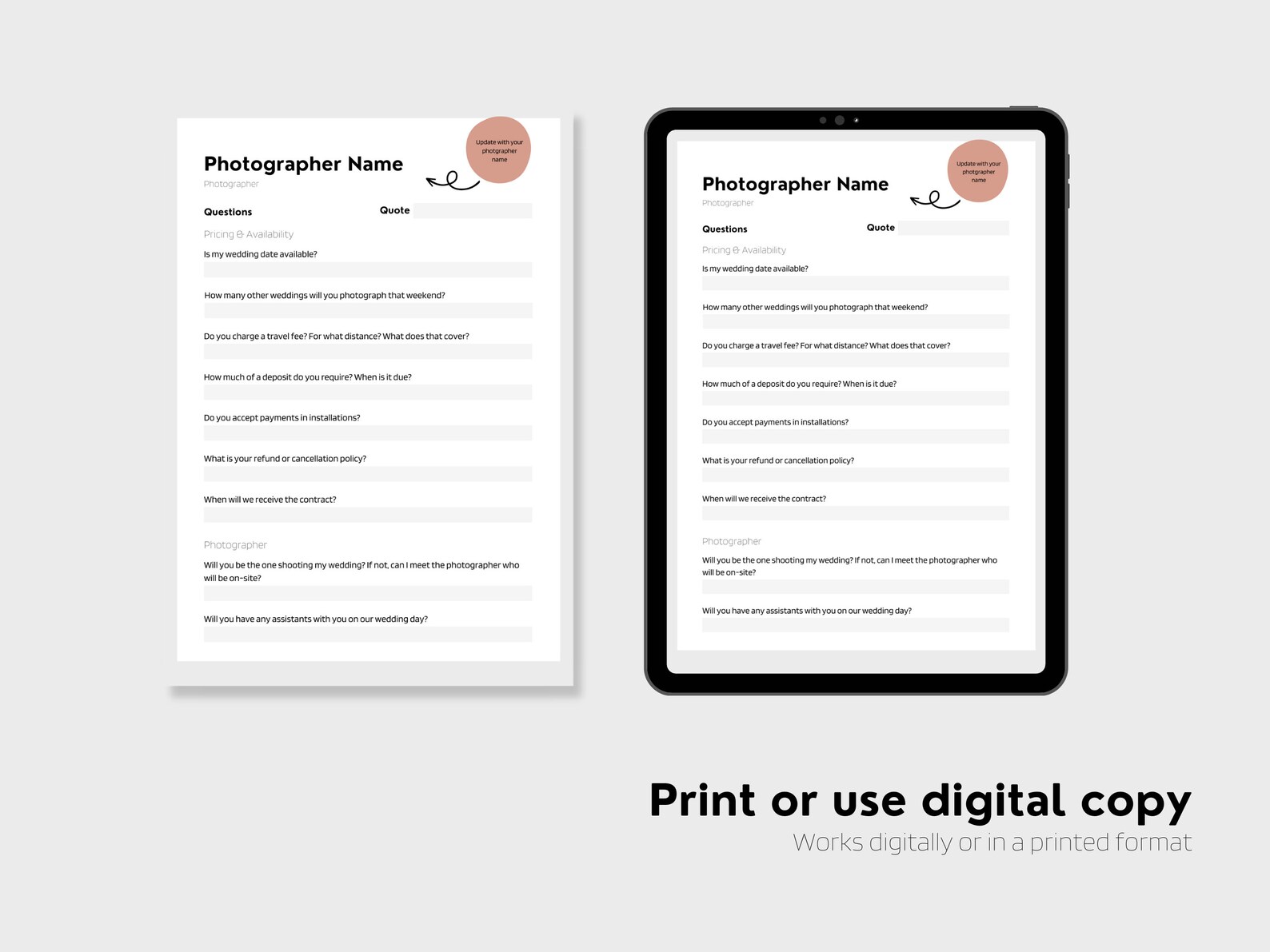 Wedding Photographer Questions, Complete Digital Template Printable ...