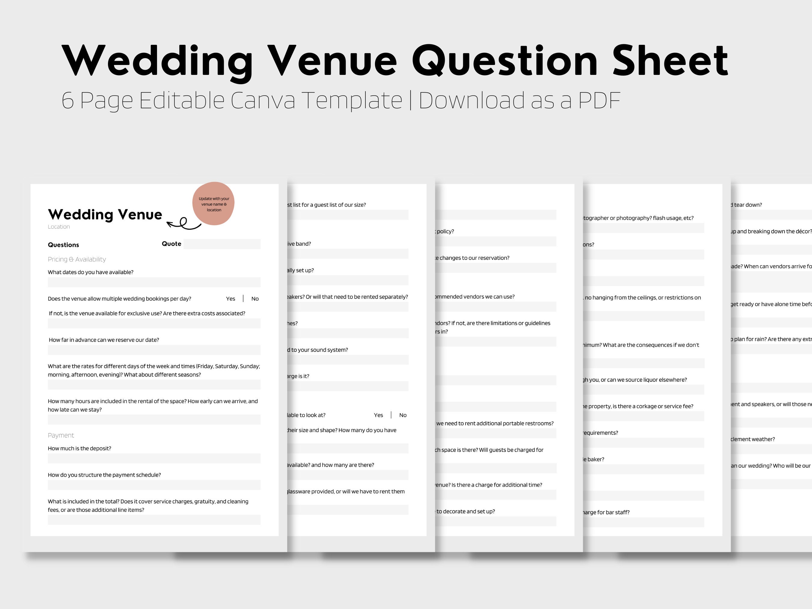 Wedding Venue Questions, Complete Digital Template Printable Editable ...