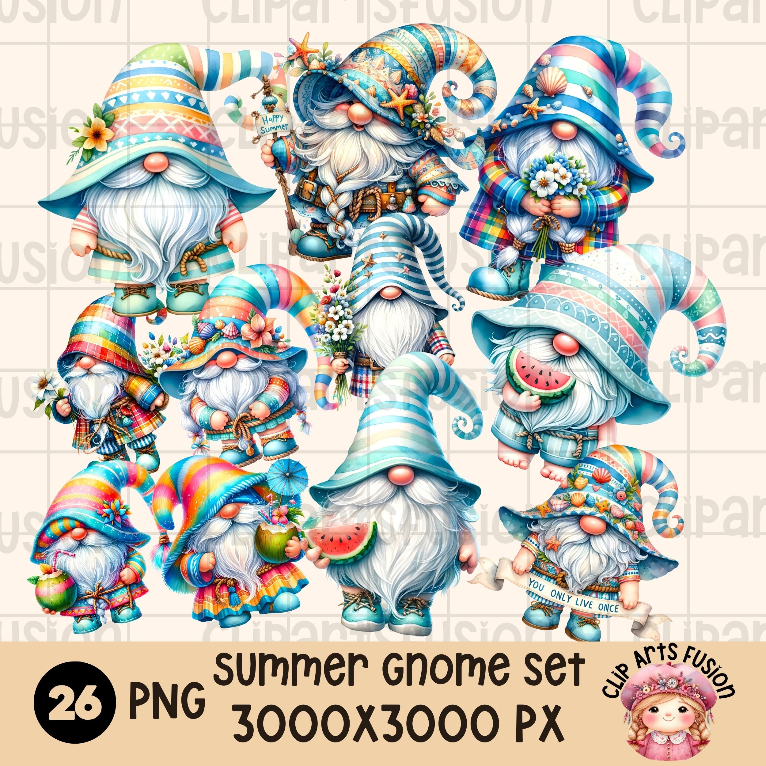 Cute Summer Gnome Clipart Collection | Summer Cartoon Illustration ...