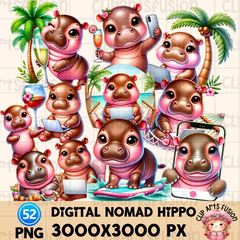 Whimsical Digital Nomad Hippo Clipart Set – 52 Pngs, Cute Baby Animals ...