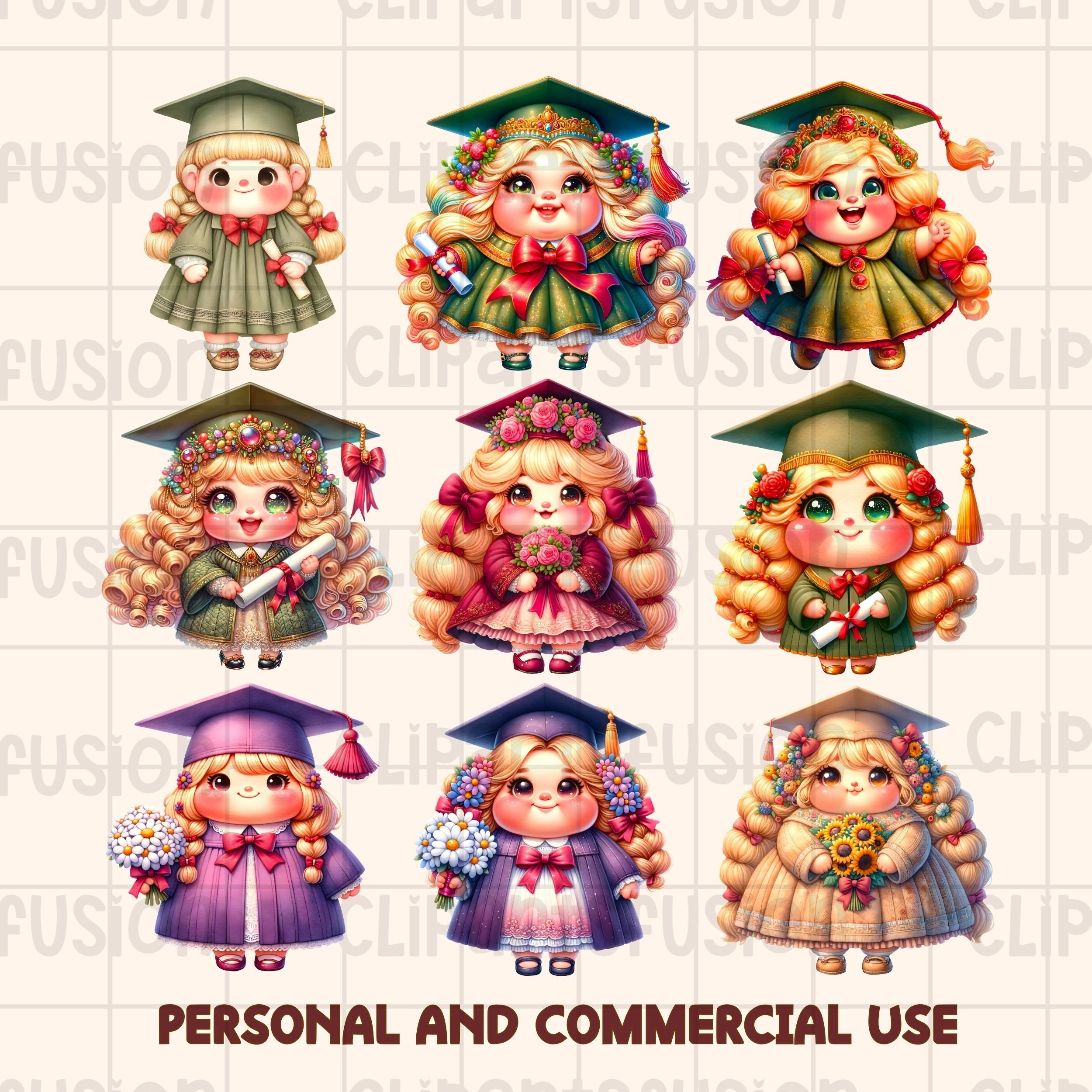 Watercolor Cute Graduation Cartoon Girls Clipart Set | Celebration ...