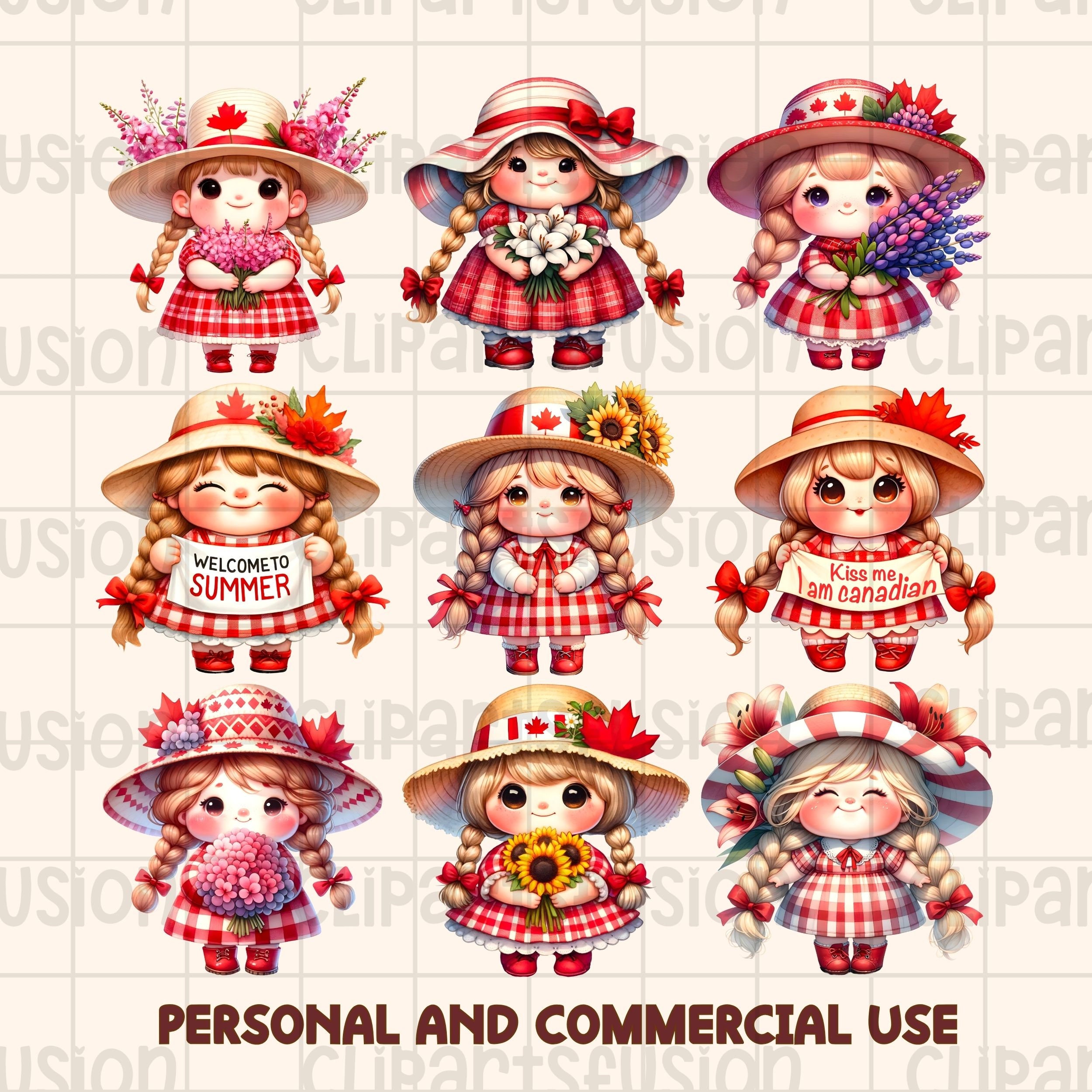 Canadian Girls Clipart Watercolor Bundle Happy Girls With Plaid Dress ...