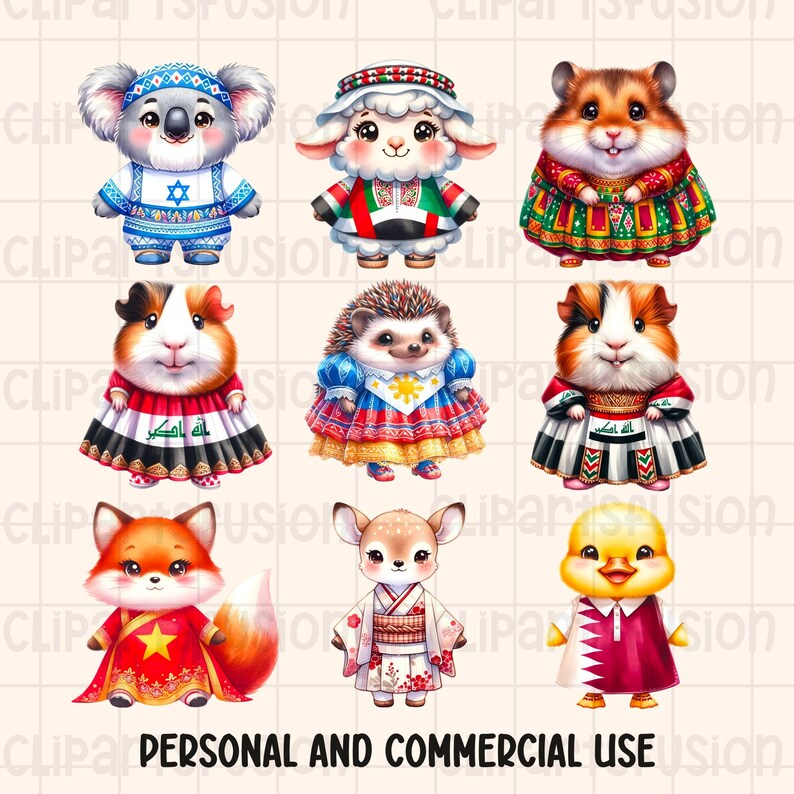 58 PNG Clip Art Cute Animals Wearing Traditional Asian Customs | Baby ...