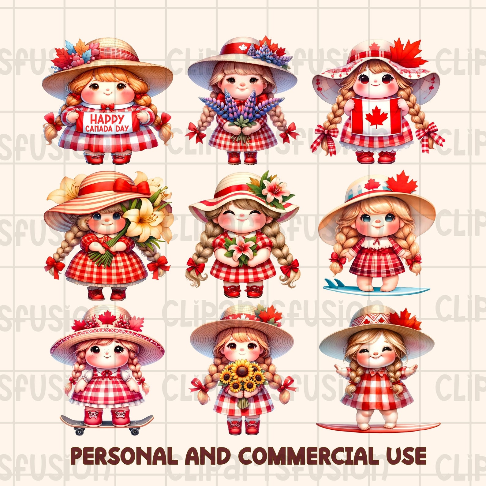 Canadian Girls Clipart Watercolor Bundle | Happy Girls With Plaid Dress ...