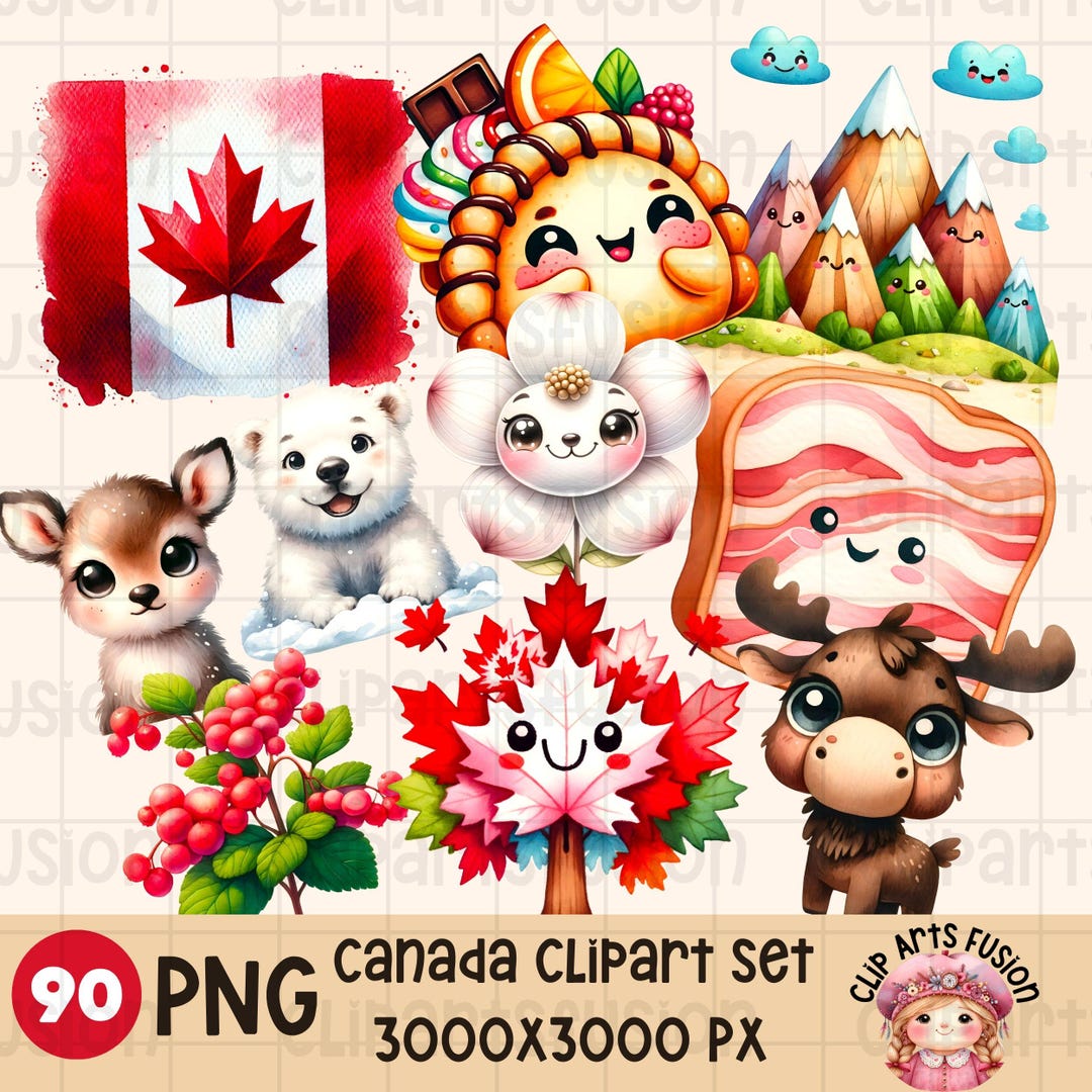 Canada Clipart Set - 90 PNG Watercolor Cute Animals and Nature ...