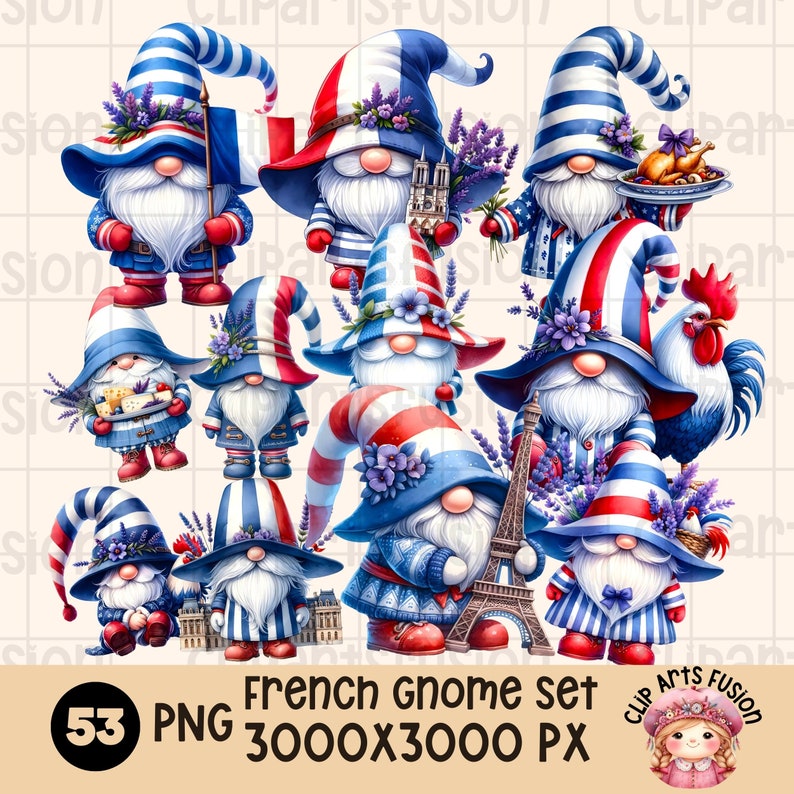 French Gnome Clipart Bundle | Travel to France Graphics Collection ...