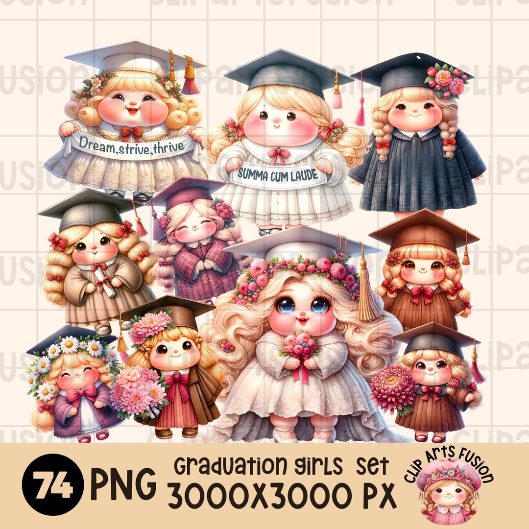 Watercolor Cute Graduation Cartoon Girls Clipart Set | Celebration ...