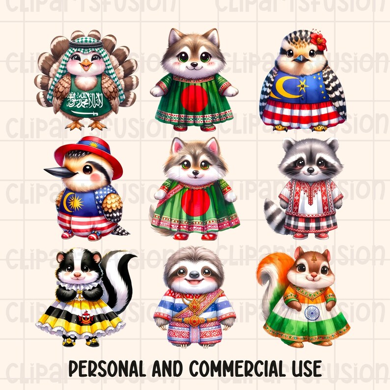 58 PNG Clip Art Cute Animals Wearing Traditional Asian Customs | Baby ...