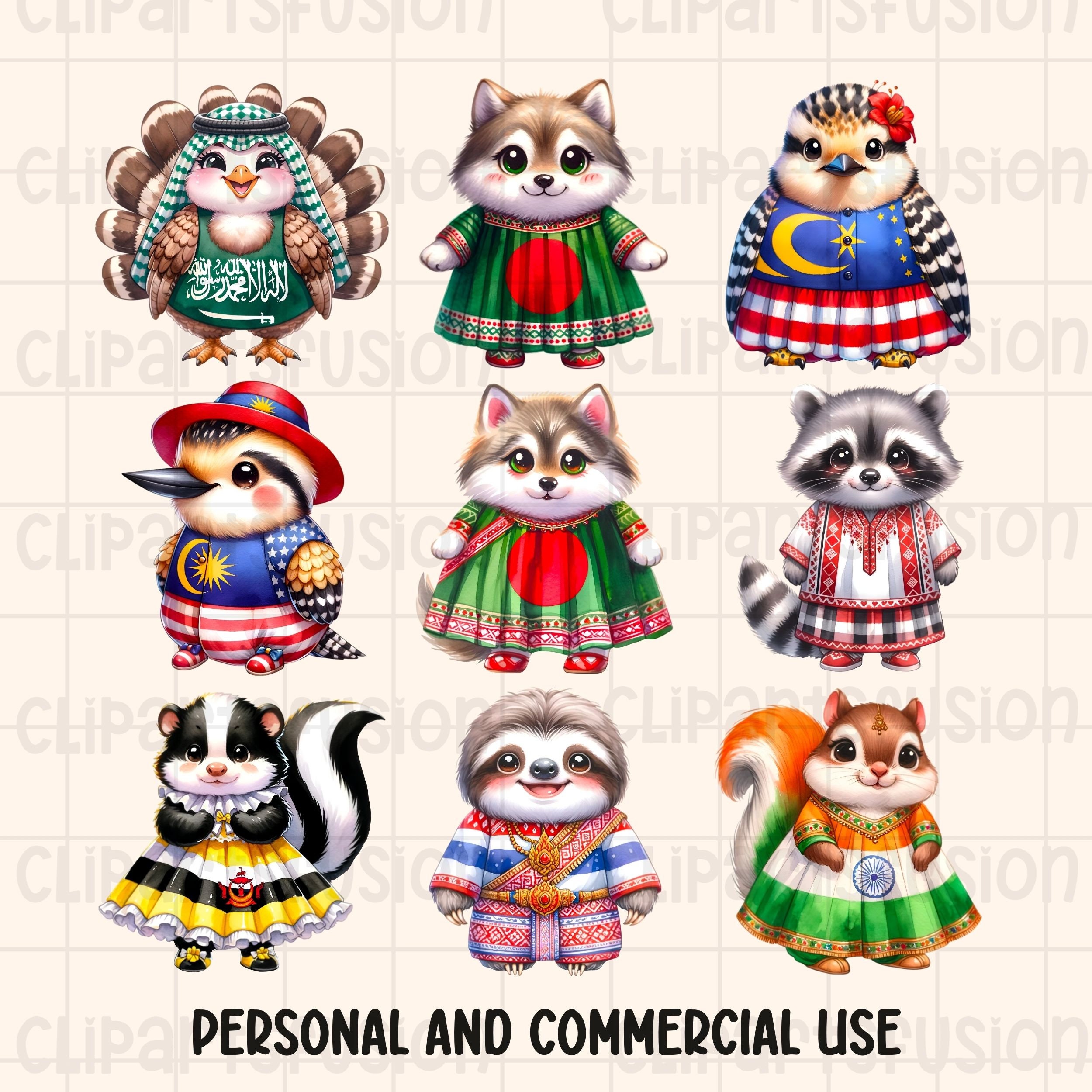 58 PNG Clip Art Cute Animals Wearing Traditional Asian Customs | Baby ...