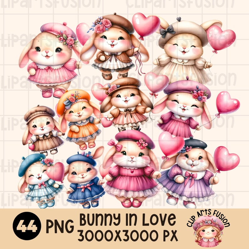 Whimsical Cute Bunny Animals Clip Art Bundle | Baby Rabbit in Love ...