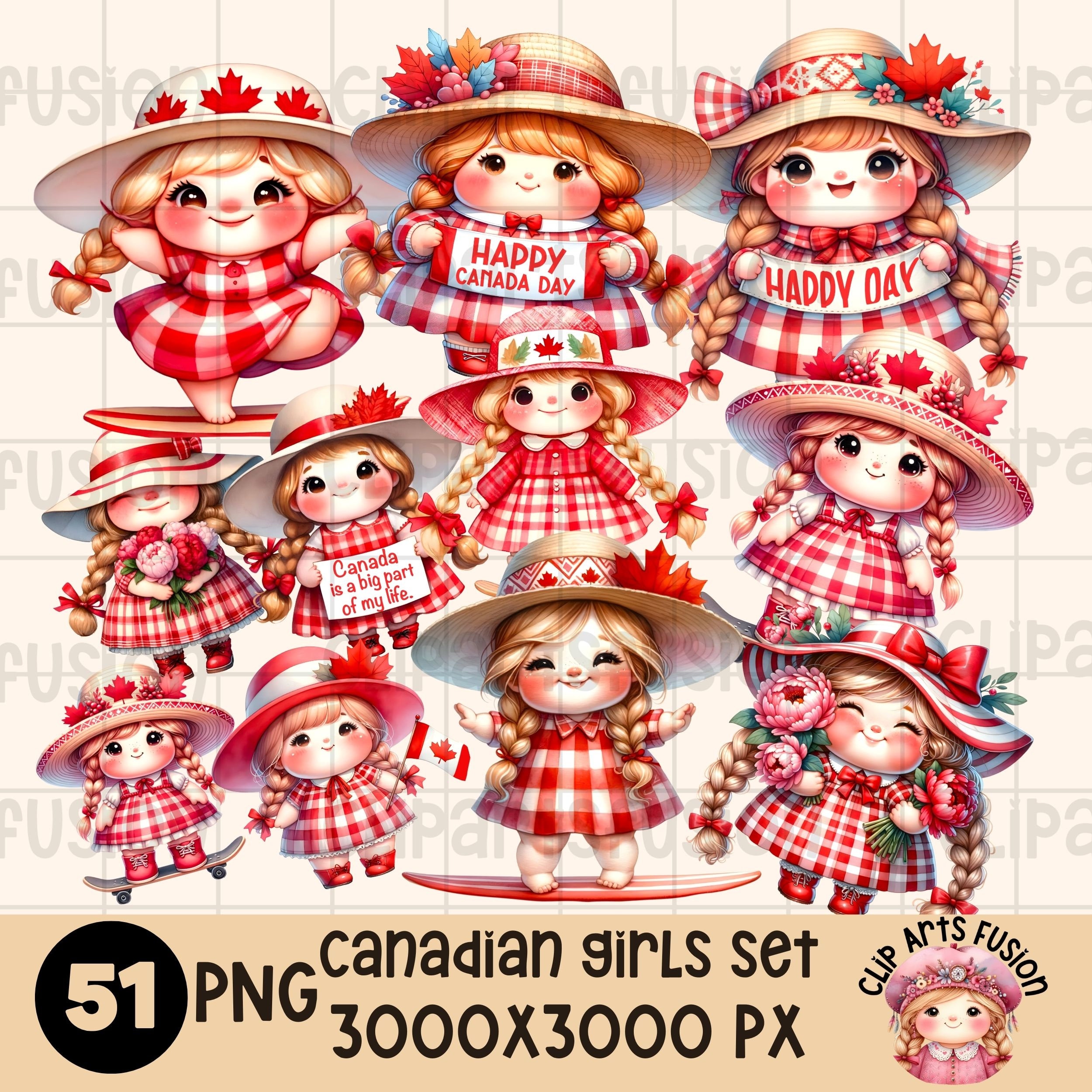 Canadian Girls Clipart Watercolor Bundle | Happy Girls With Plaid Dress ...
