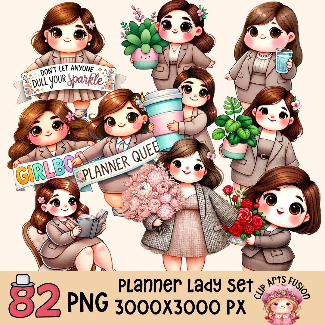 Planner Lady Clipart Set | Cute PNG Girl Boss Stickers | 82 PNG ...