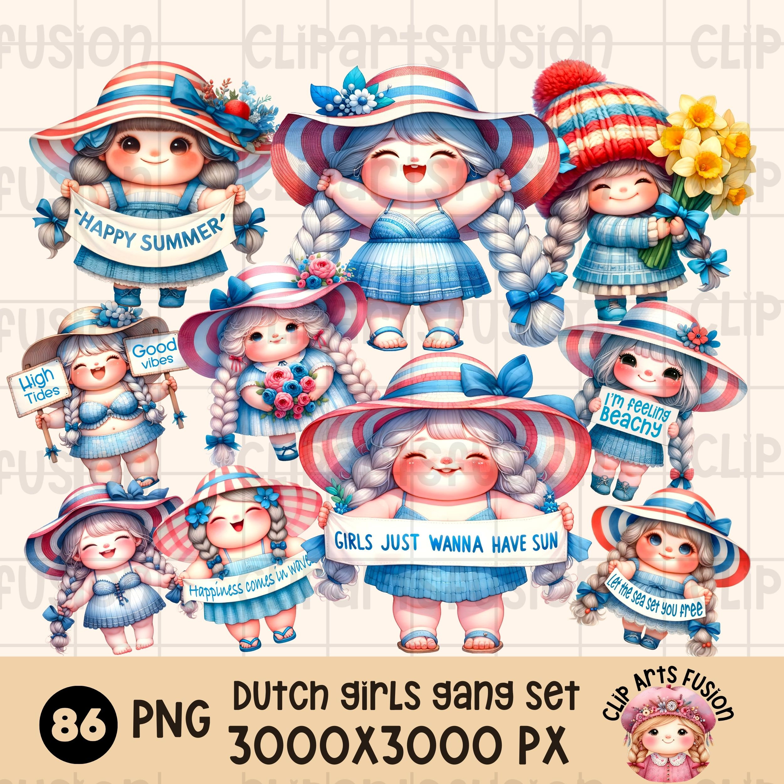 Adorable Dutch Girls Clipart Watercolor Bundle Cute Graphics Art Summer ...