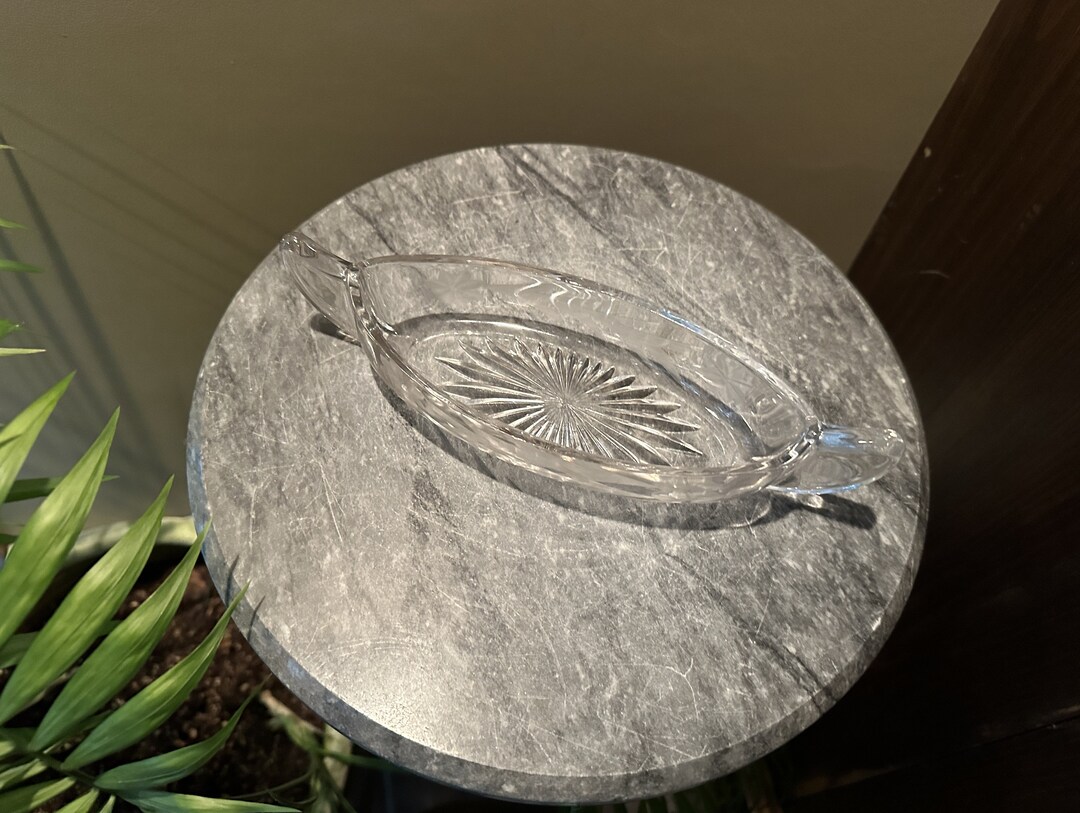 ANCHOR HOCKING Cut Glass Boat Dish With Handles ~ Starburst With Etched ...