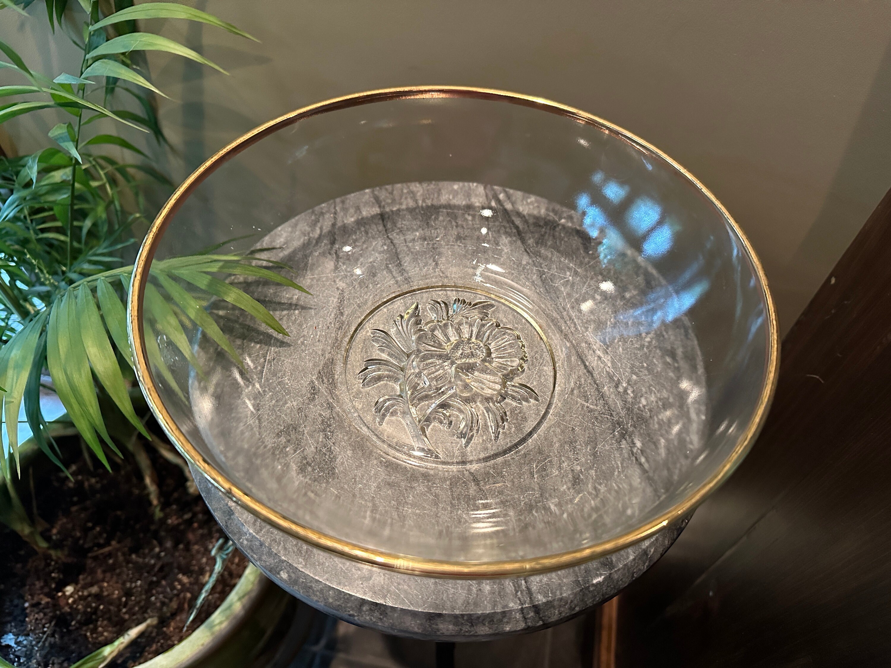Vintage Lead Crystal Serving Bowl With Embossed Flowers & Gold Rim - Etsy