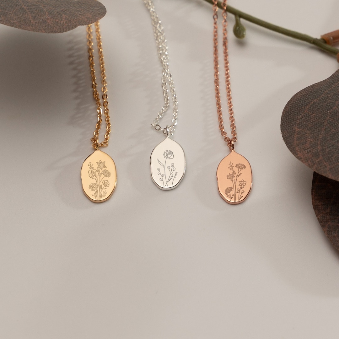 Custom Birth Flower Necklace, Lrregular Oval Birth Flower Necklace ...