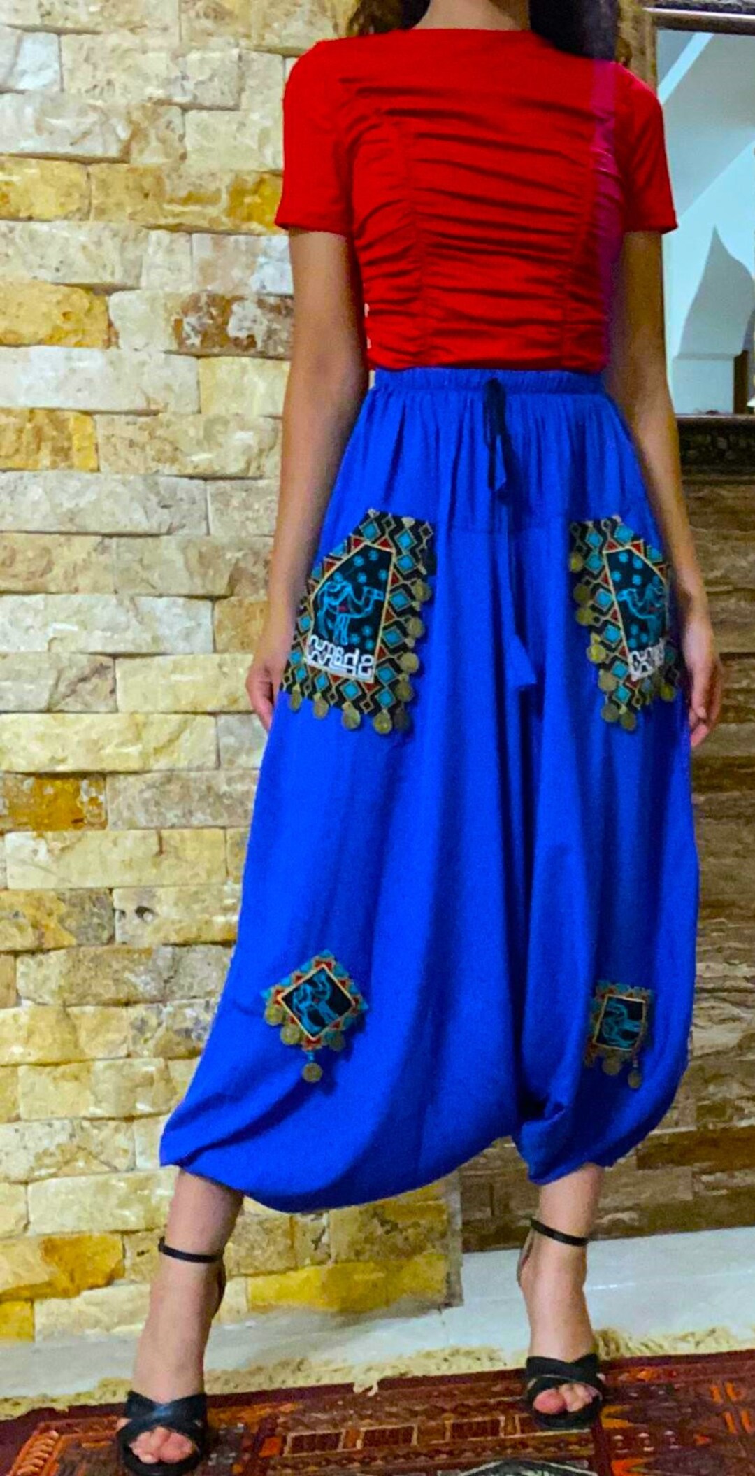 Egyptian Style Indigo Blue Embroidered Long Pants High Waist Stretchy ...