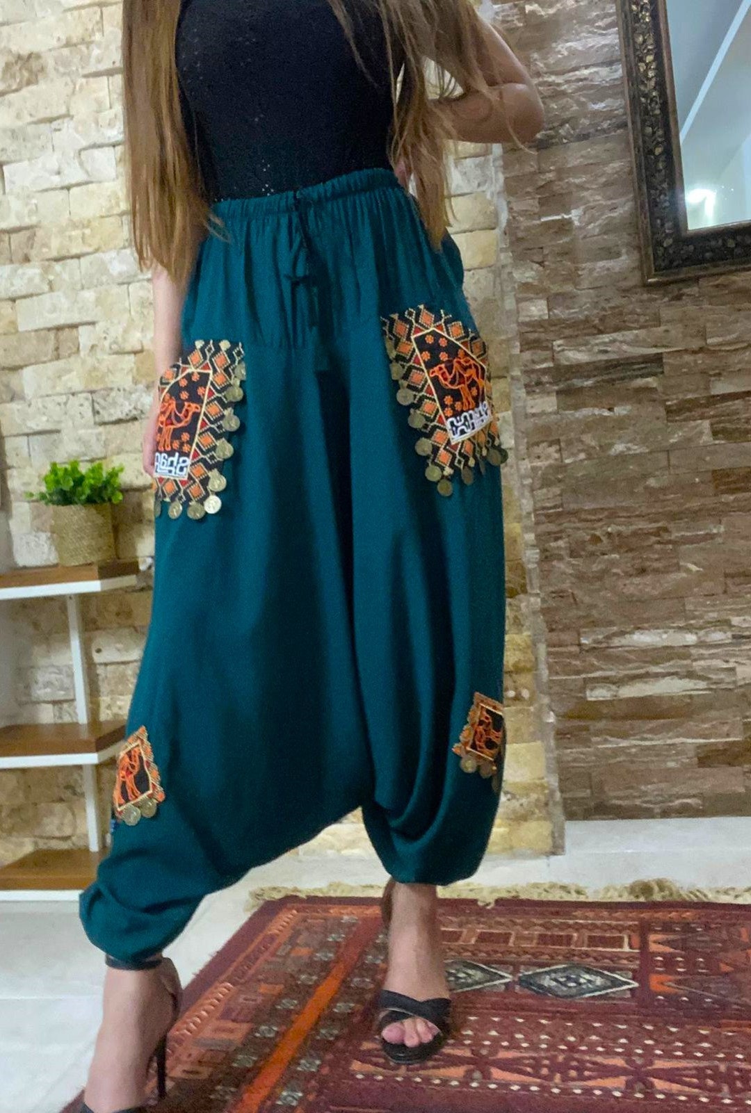 Egyptian Style High Waist Stretch Indigo Focus Green Embroidered Long ...