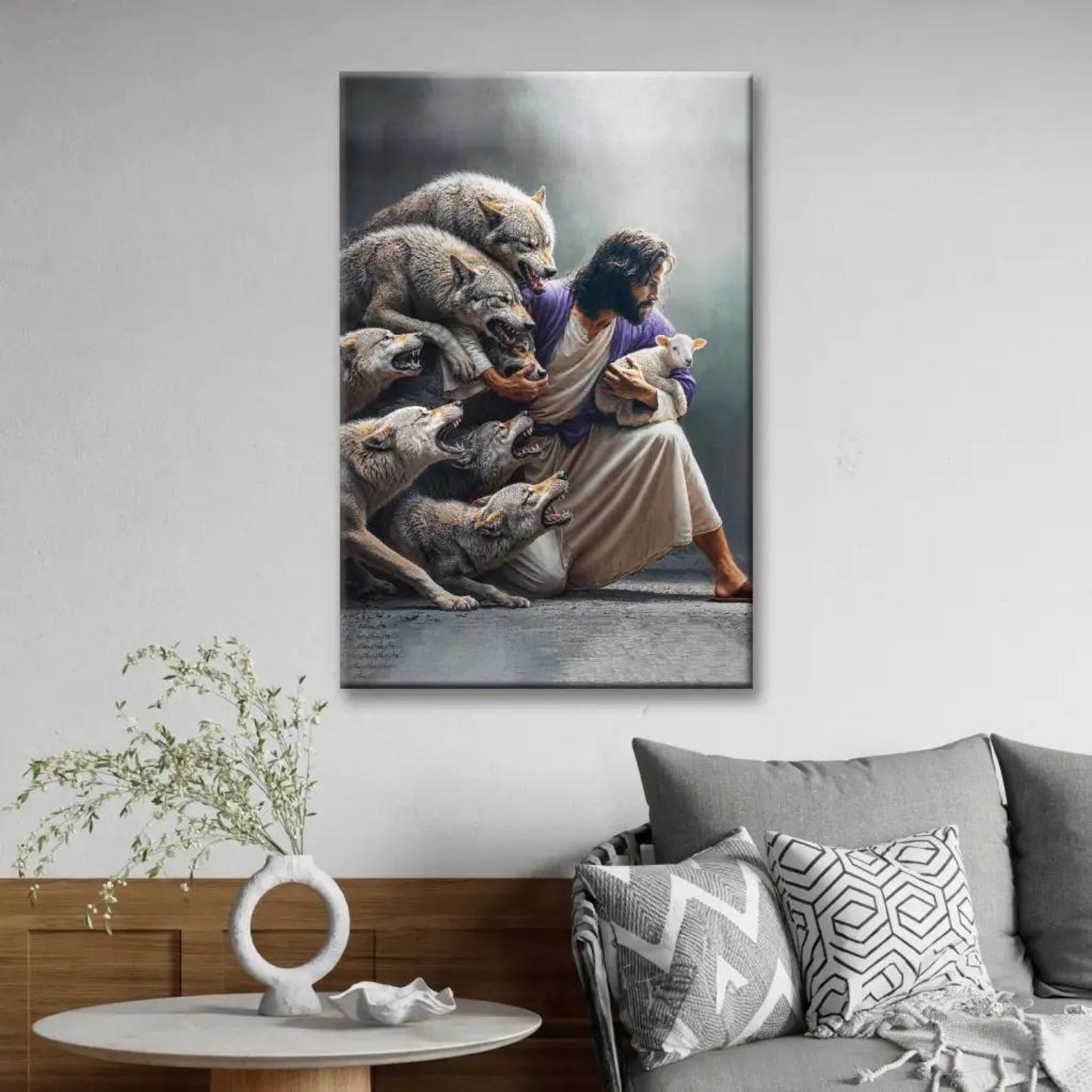 Jesus Protects the Lamb From Wolves Wall Art Canvas, Christian Home ...